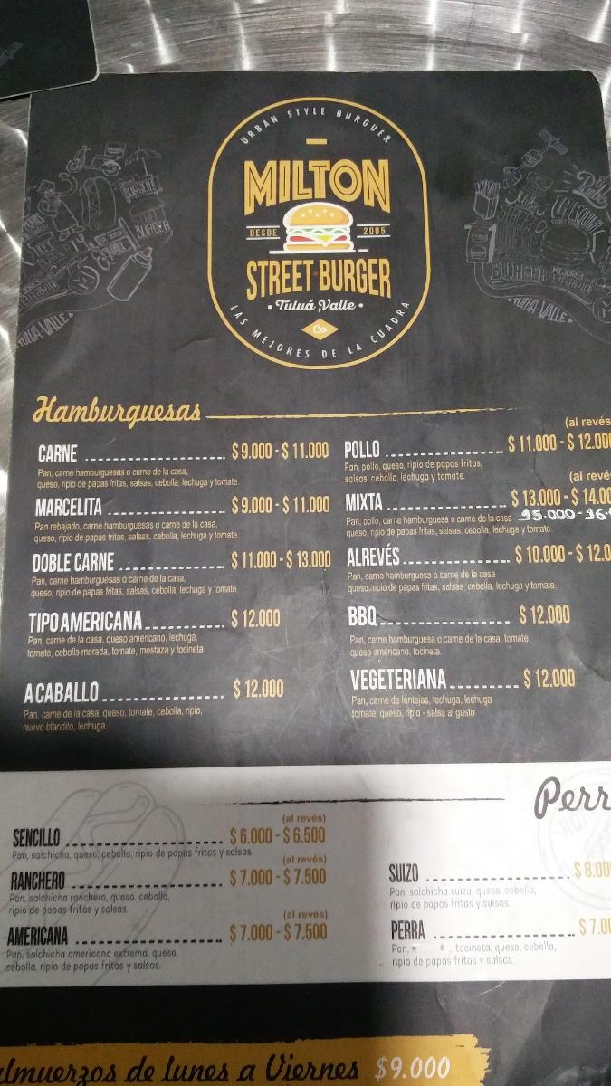 Menu at Milton Street Burger restaurant, Tulua
