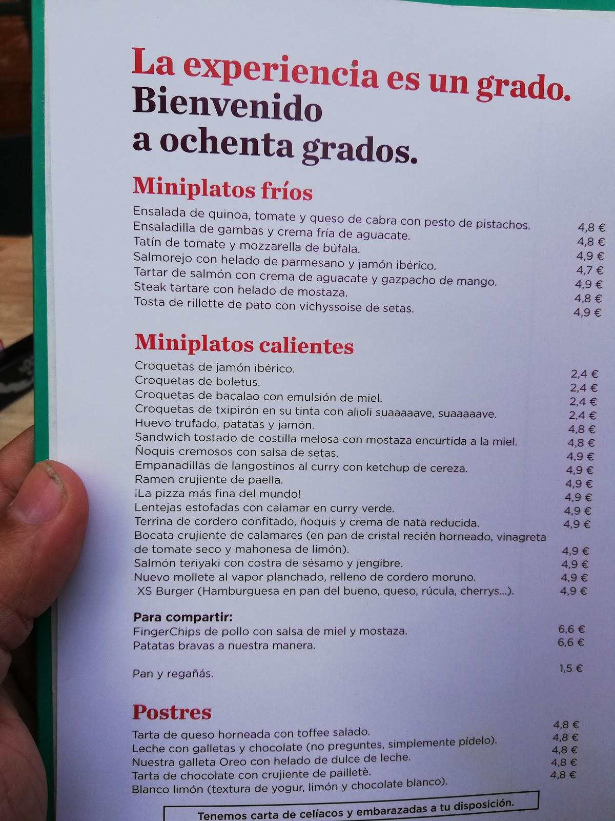 Carta del restaurante Ochenta Grados Pozuelo, Pozuelo del Alarcón