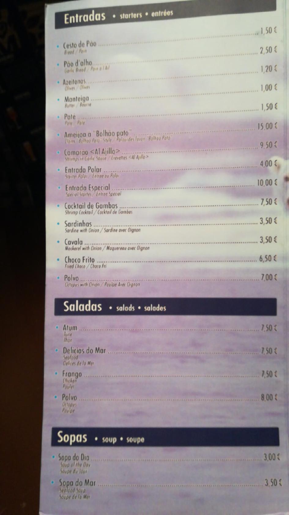 Menu em Polar restaurante, Praia de Mira