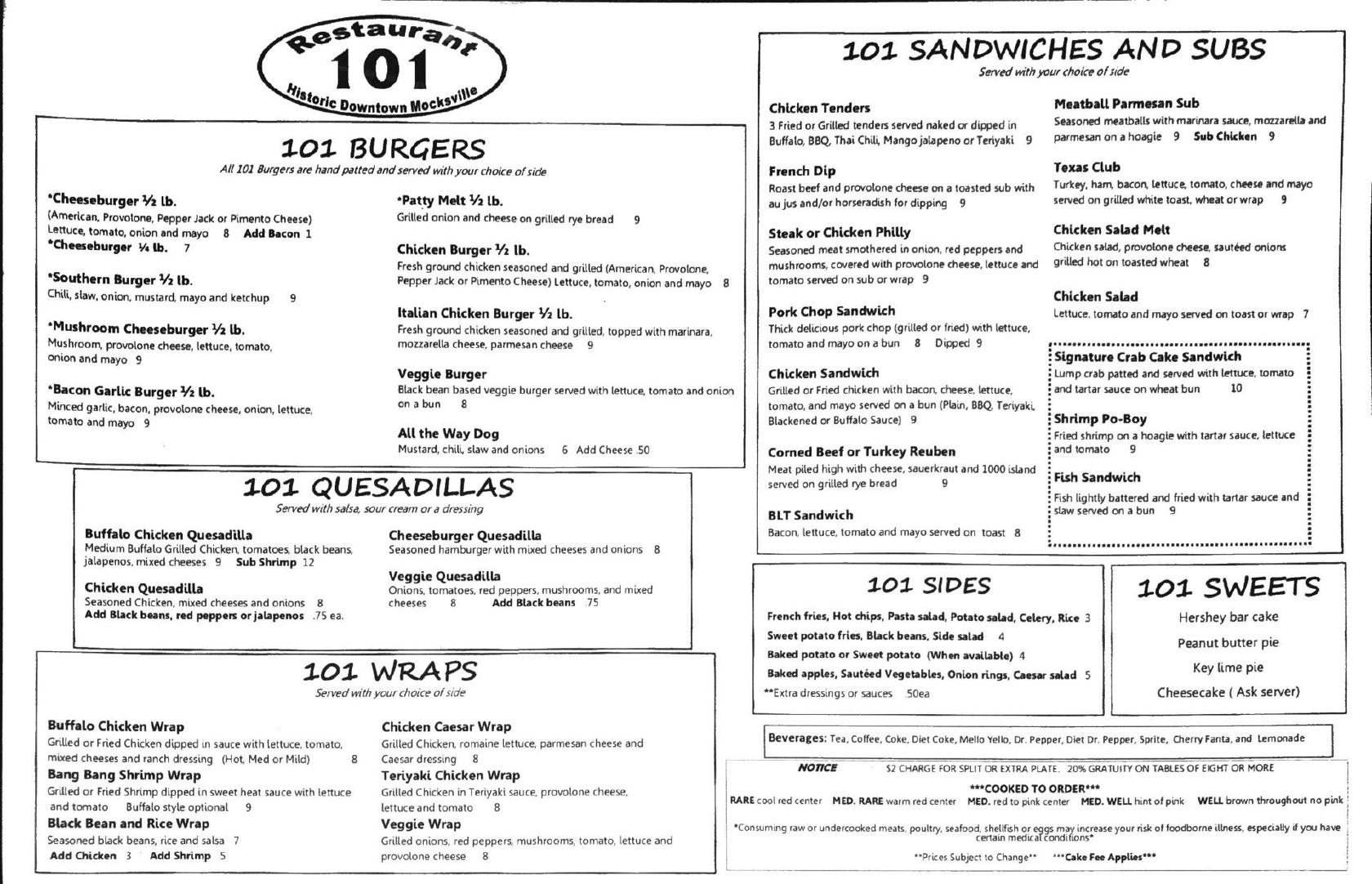 Menu at Restaurant 101, Mocksville