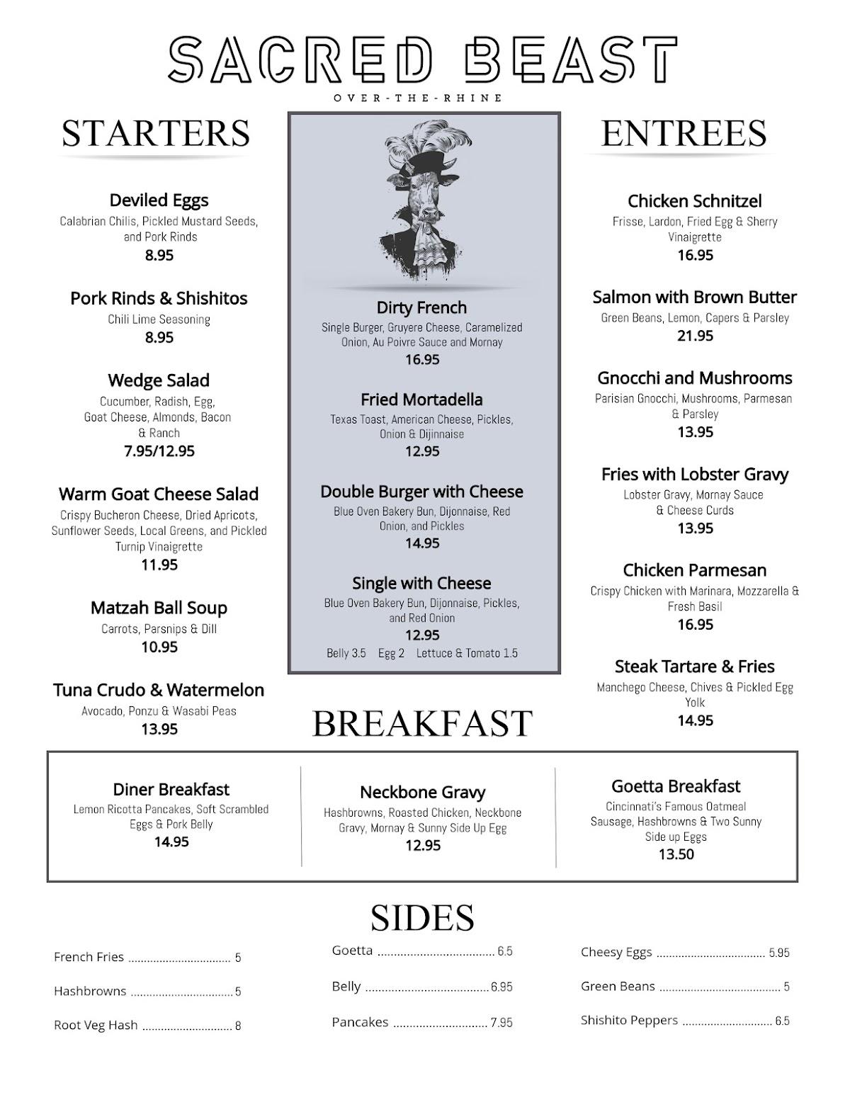 Menu at Sacred Beast Diner OTR pub & bar, Cincinnati