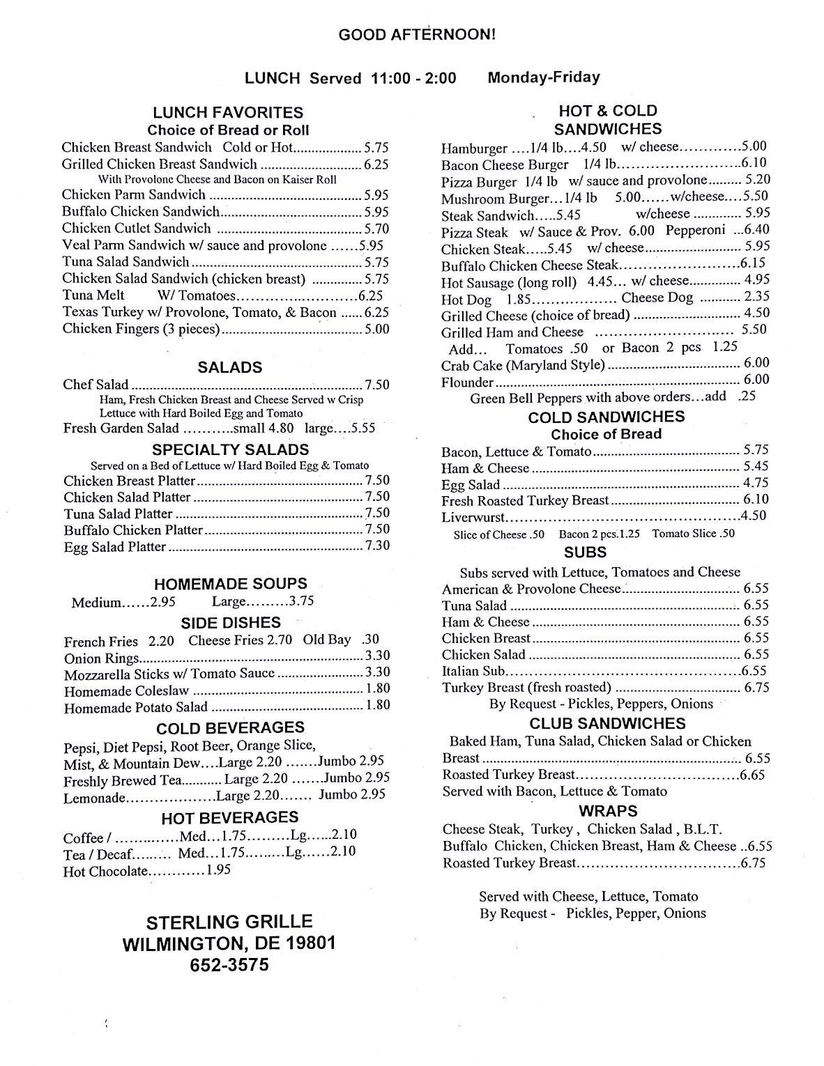 Menu at Sterling Grille restaurant, Wilmington, 919 Orange St