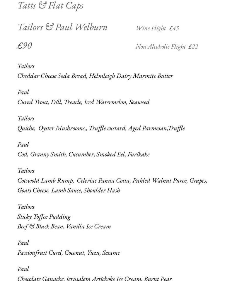 Menu at Tailors restaurant, Warwick