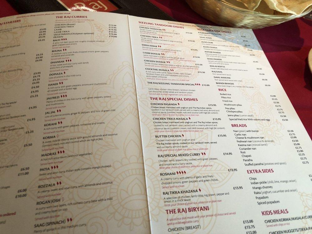 Menu at The Raj restaurant, Belfast