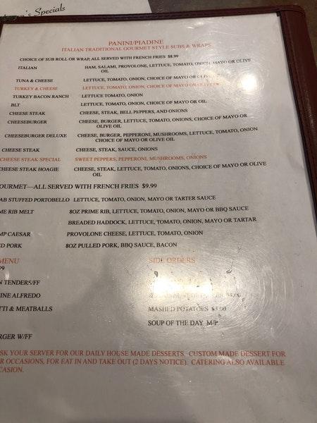 Menu at Villa Schiano restaurant, Elizabethville