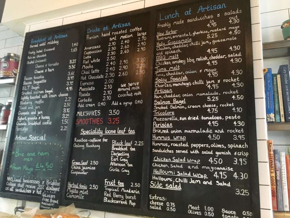 Menu at Artisan cafe, Brighton, 117 St George's Rd