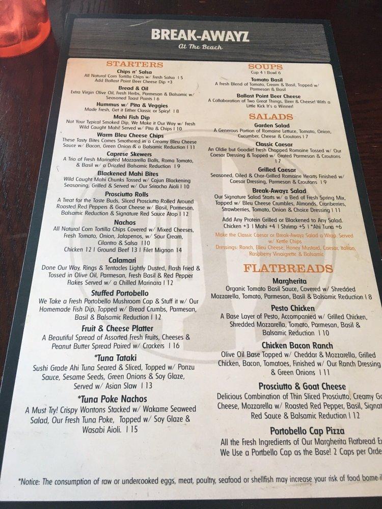 Menu at Break Awayz pub & bar, Flagler Beach