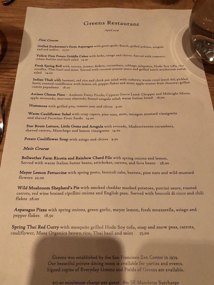 Menu at Greens restaurant, San Francisco, Building A
