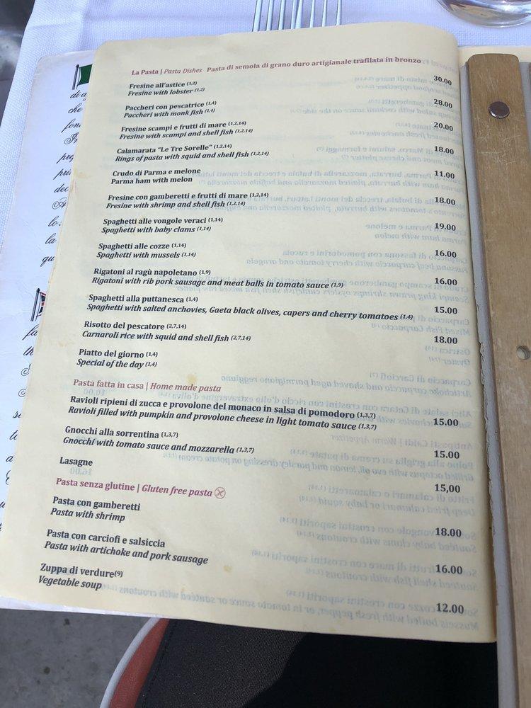 Menu da Le Tre Sorelle dal 1953 pub & bar, Positano, Via del Brigantino