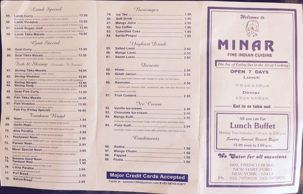 Menu at Minar Fine Indian Cuisine restaurant, New Hartford