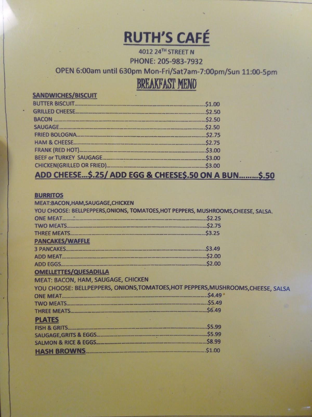 Menu at Ruth's Cafe, Birmingham