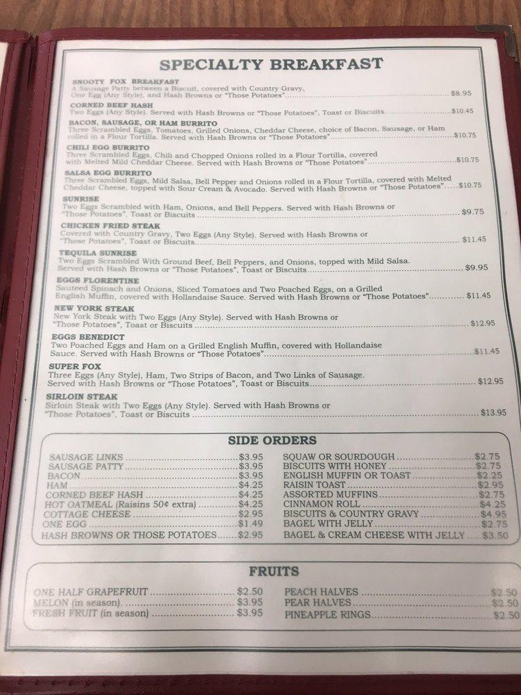 Menu at Snooty Fox restaurant, Laguna Hills