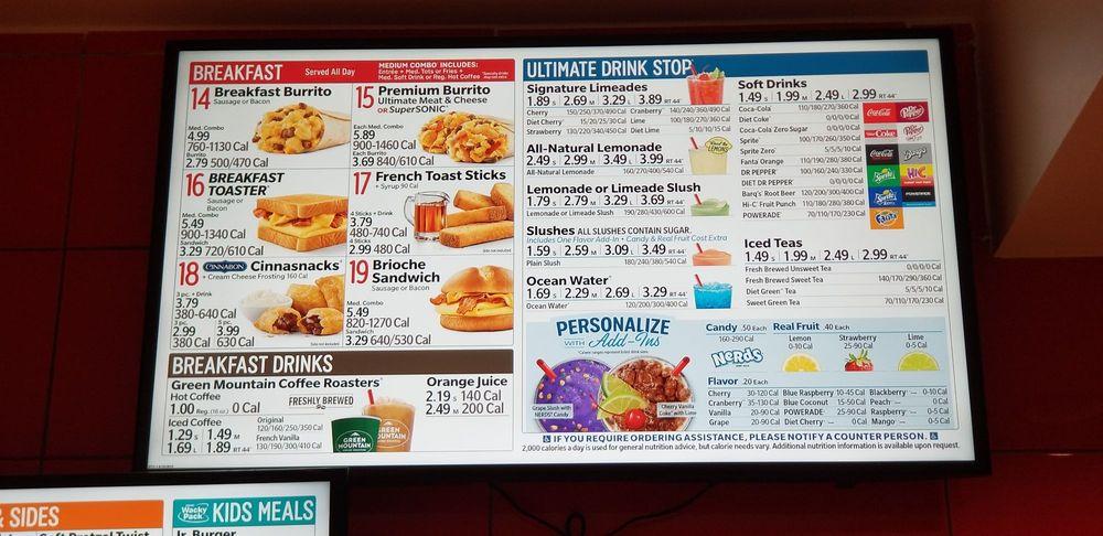 Menu at Sonic Drive-In fast food, Manassas