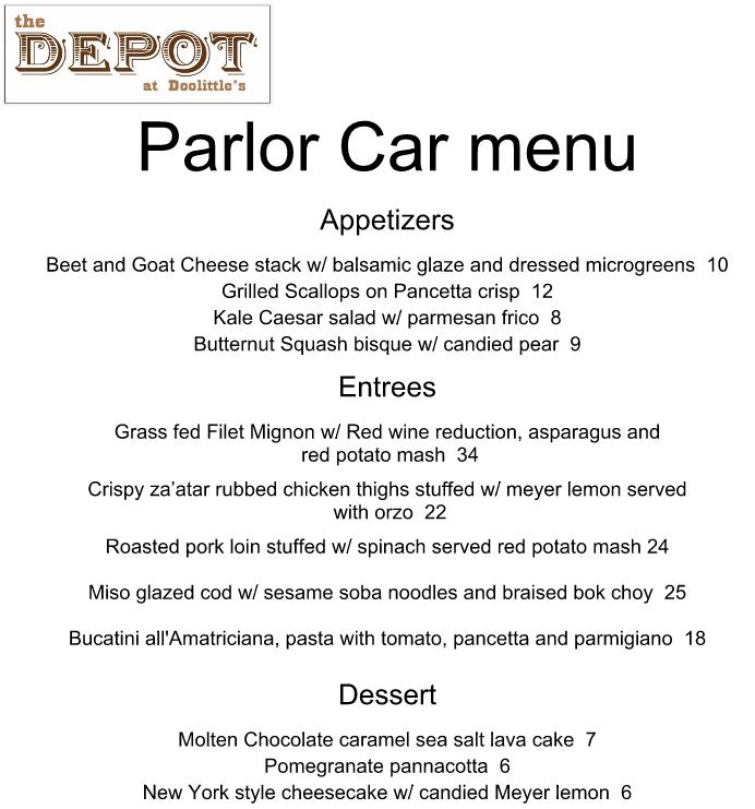 Menu at The Depot at Doolittle's restaurant, DuBois
