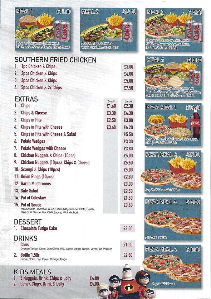 Menu at Acropolis fast food, Melksham