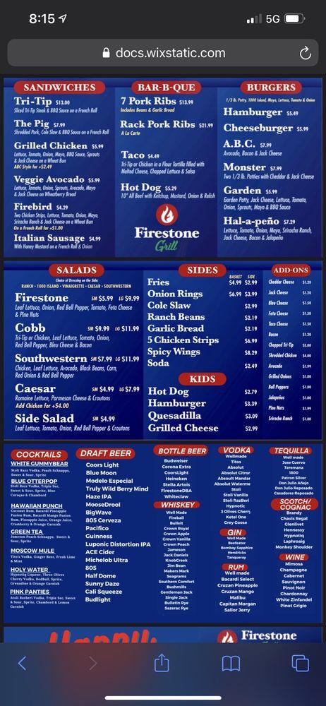 Menu at Firestone Grill pub & bar, Bakersfield, California Ave