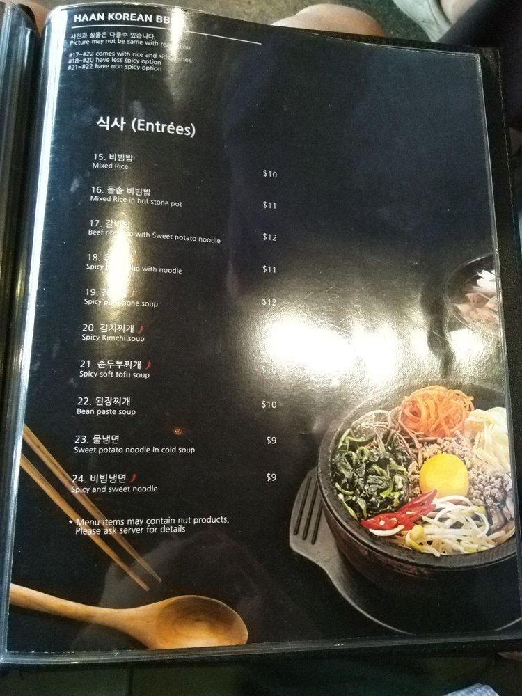 Menu at HAAN Korean BBQ, Coquitlam