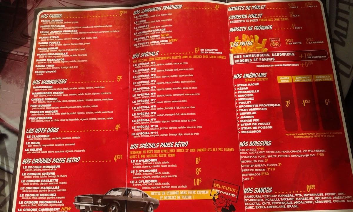 Menu au 'LA PAUSE RETRO' restaurant, Divion