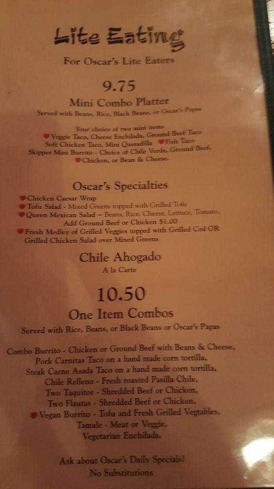 Menu at Oscar's Mexican Restaurant, Redlands