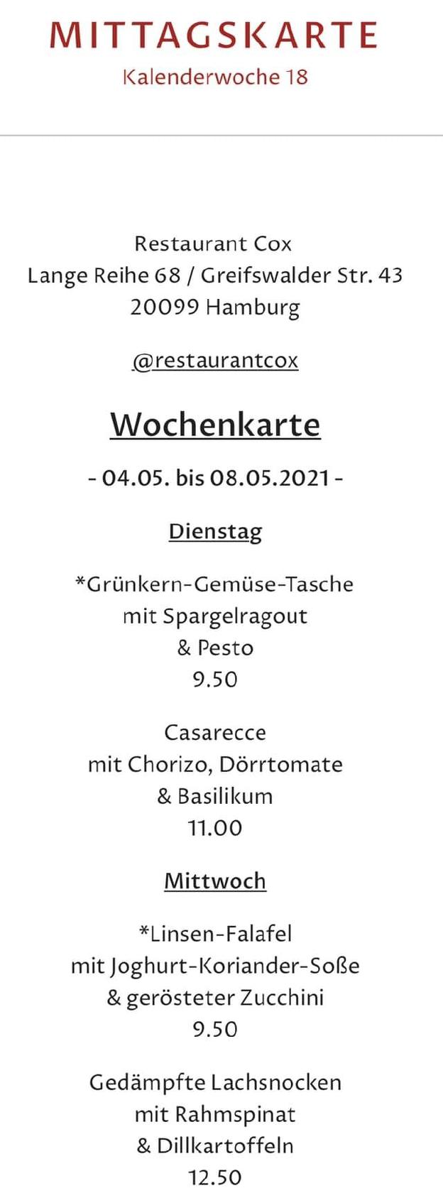 Menu at Restaurant Cox, Hamburg