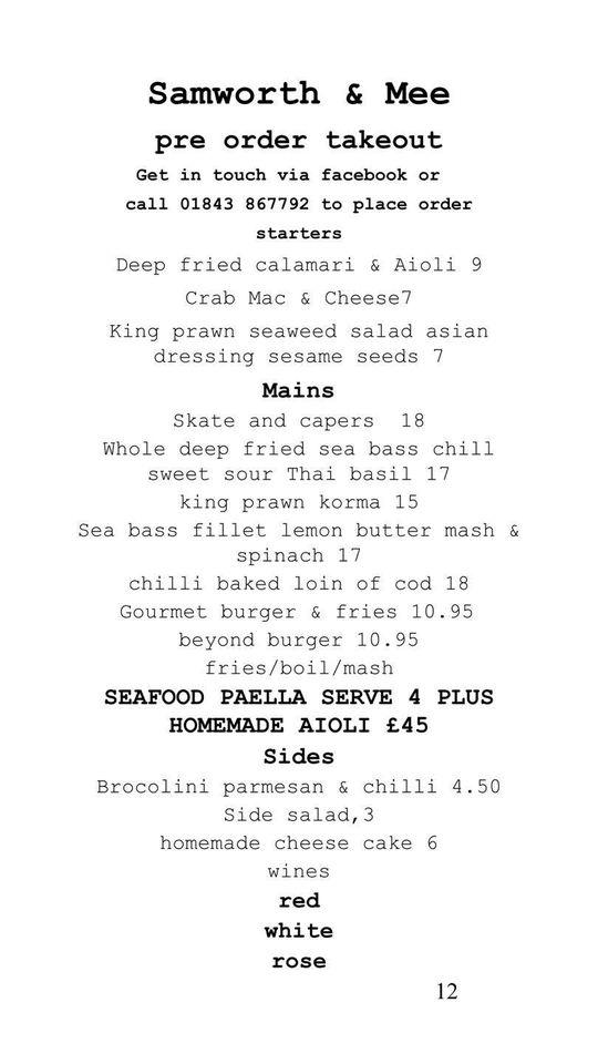 Menu at Samworth & Mee restaurant, Broadstairs