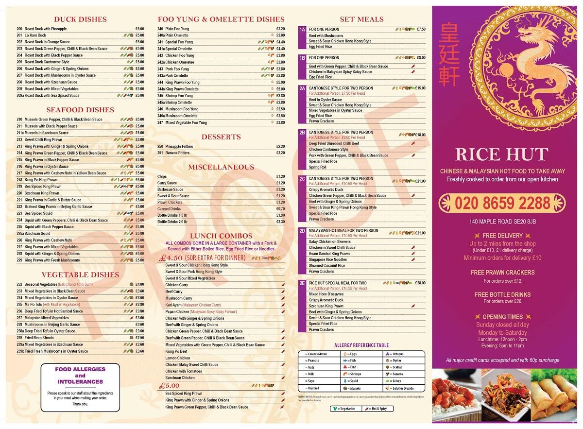 Menu at The Rice Hut restaurant, London, 140 Maple Rd