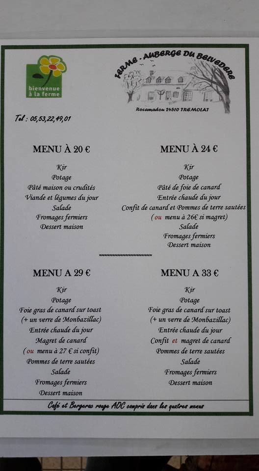 Menu at Ferme - Auberge du Belvédère restaurant, Trémolat