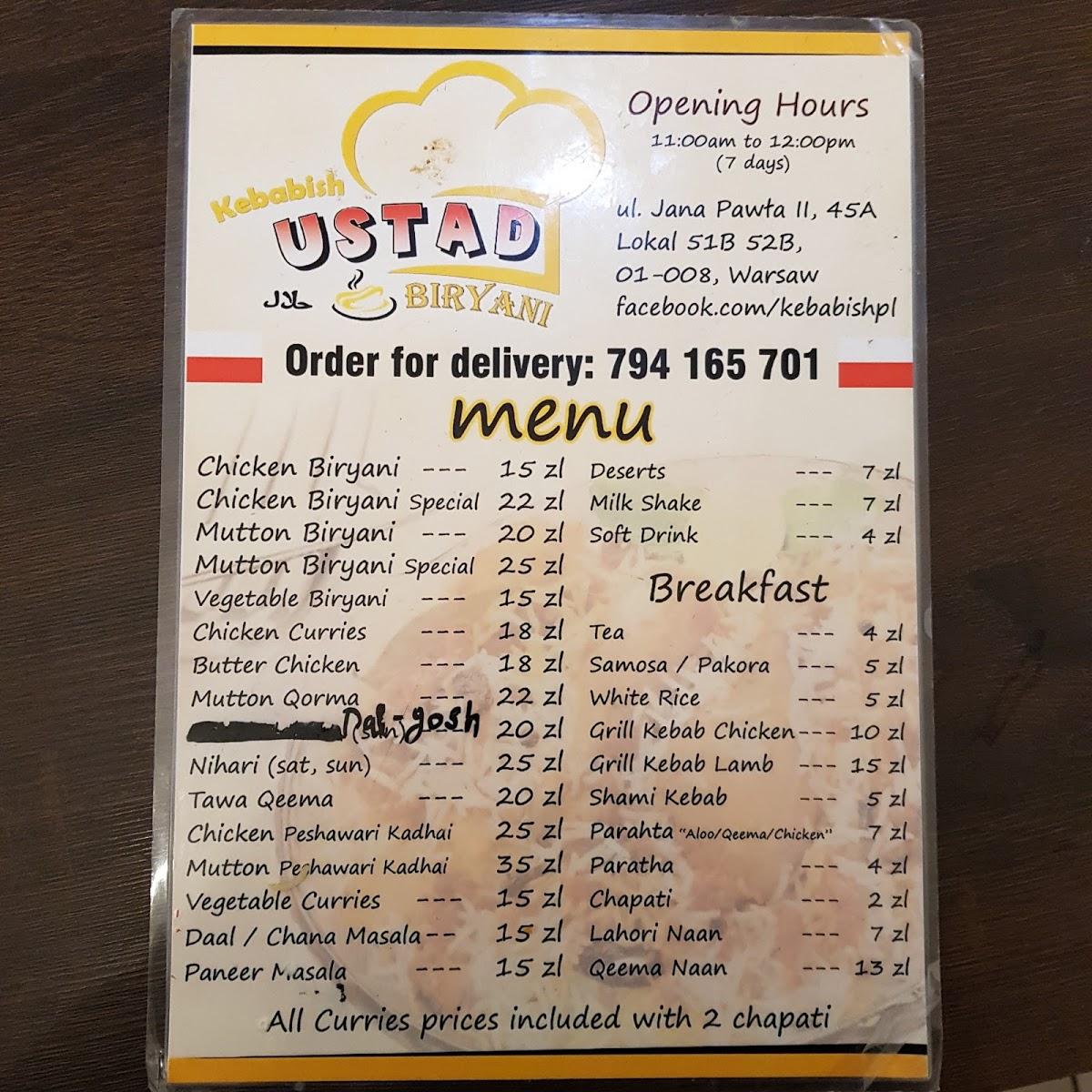 Menu at Kebabish Ustad Biryani restaurant, Poland