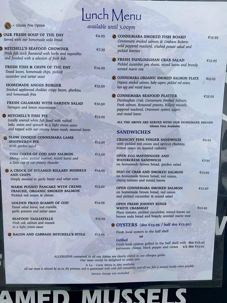 Menu at Mitchell's Restaurant, Clifden