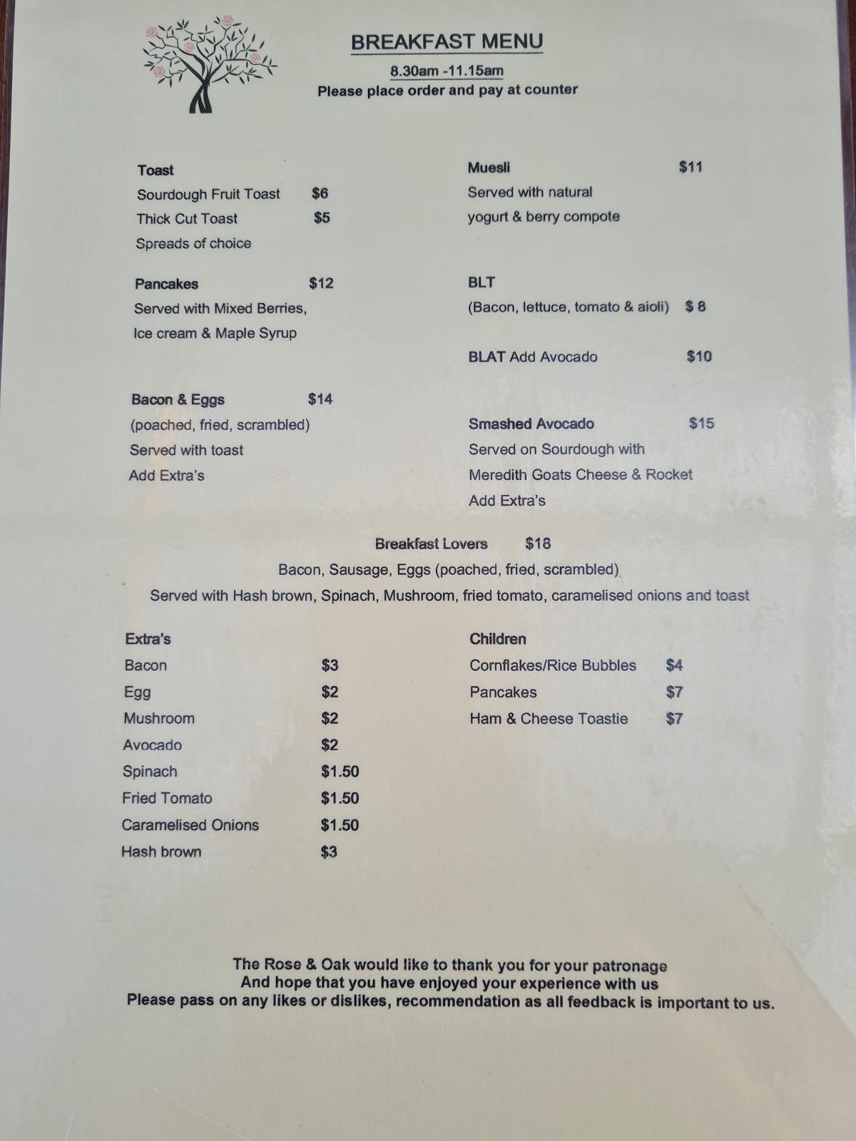 Menu at The Rose & Oak Cafe, Clunes
