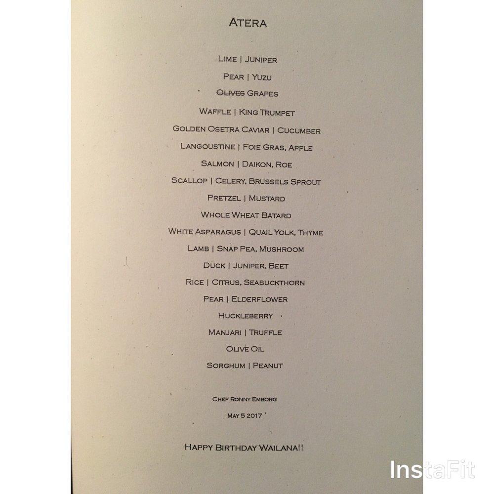 Menu at Atera restaurant, New York City