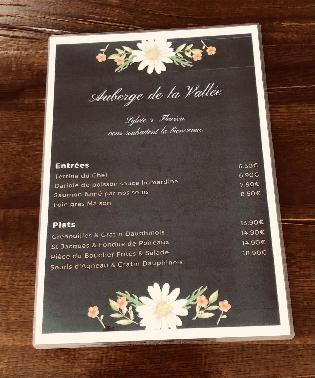Menu at Auberge de la Vallée restaurant, Saint-Jean-la-Bussière
