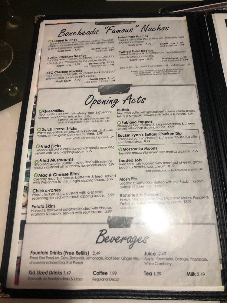 Menu at Boneheads Live pub & bar, Fall River, 36 Water St