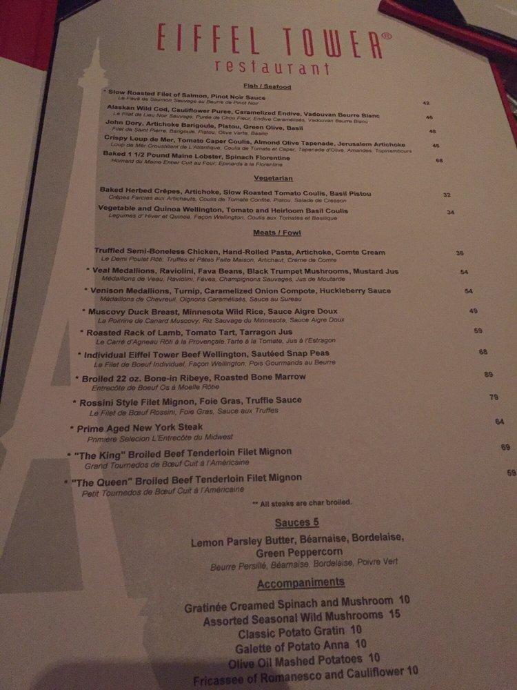 Menu at Eiffel Tower Restaurant, Las Vegas, S Las Vegas Blvd