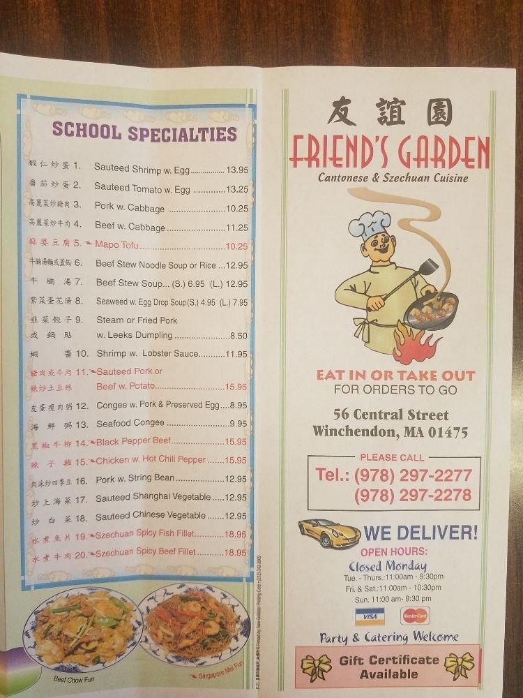 Menu at Friend's Garden restaurant, Winchendon