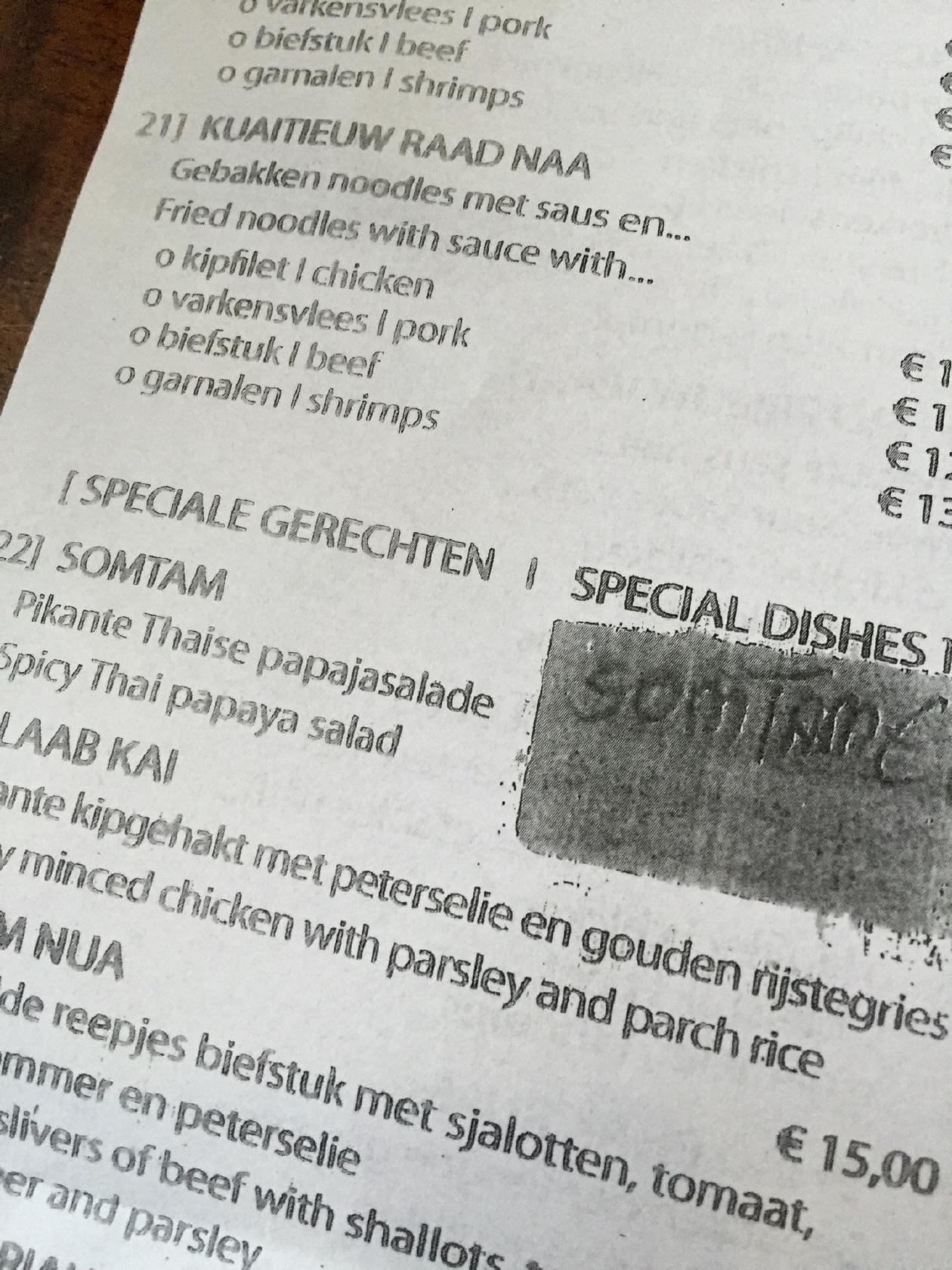 Menu at Mae Somjai, Amsterdam
