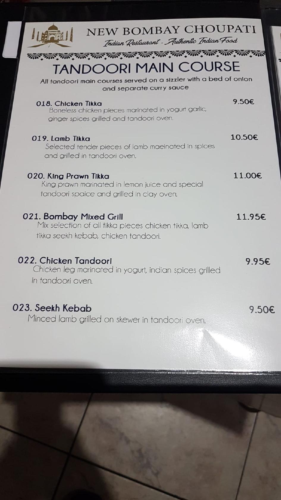 Carta de Restaurante New Bombay Choupati, España