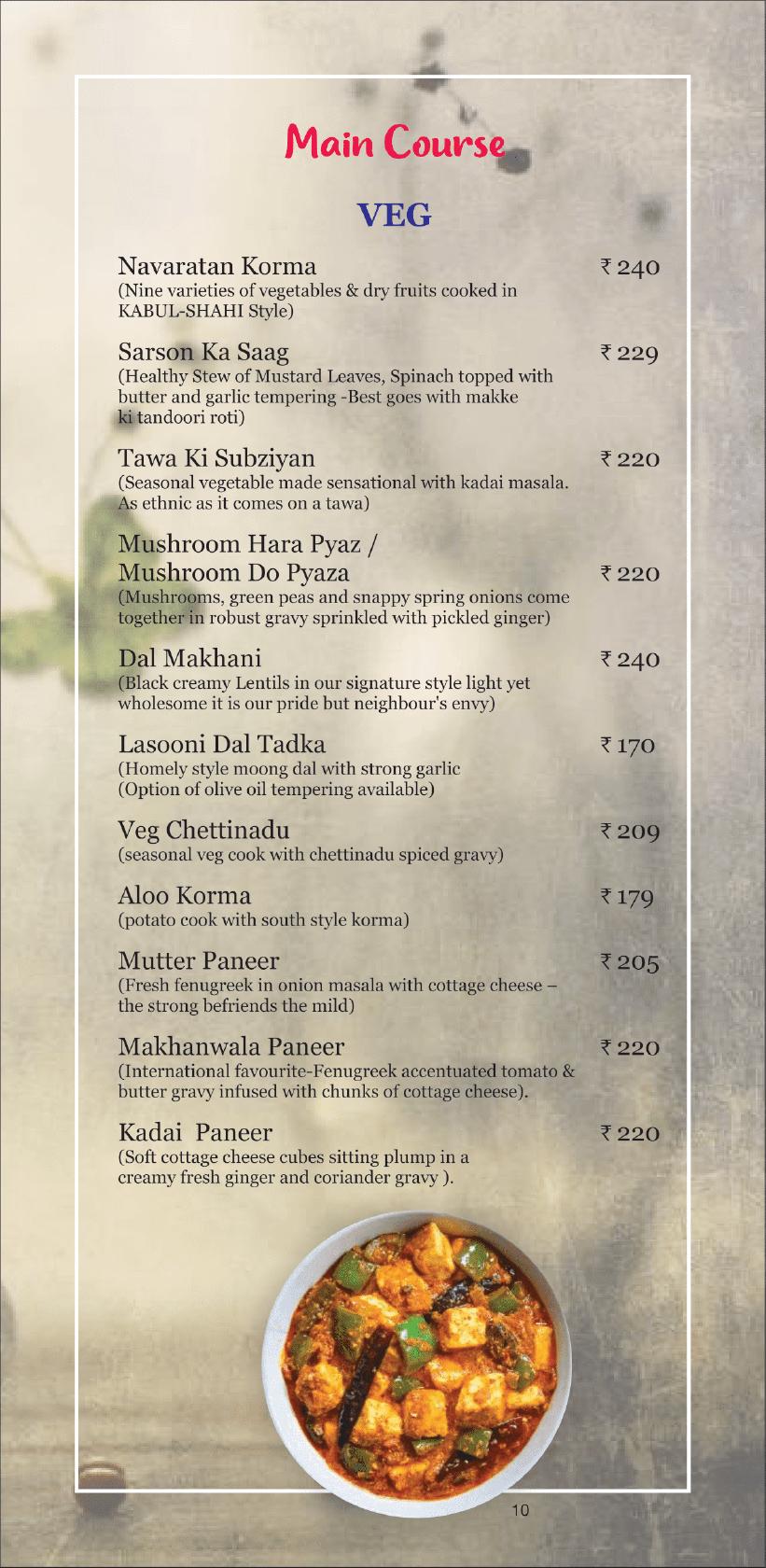 Menu at OASIS BHAGINI, Bengaluru