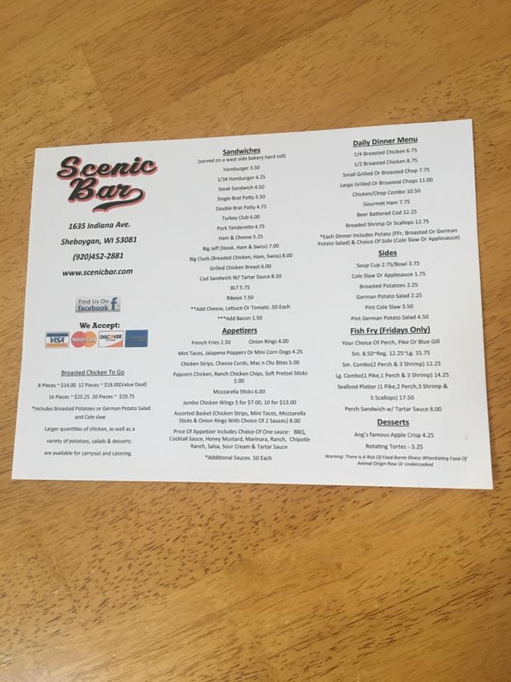 Menu at Scenic Bar & Restaurant, Sheboygan