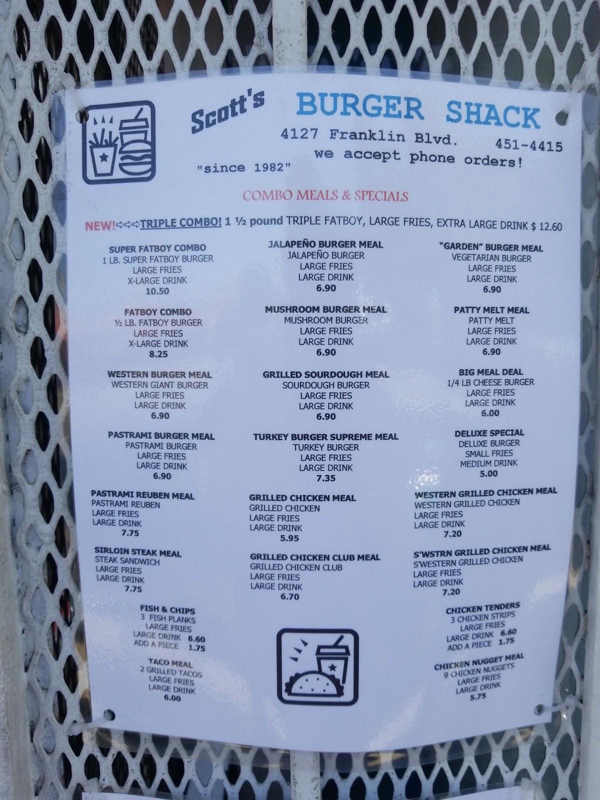 Menu at Scott's Burger Shack restaurant, Sacramento