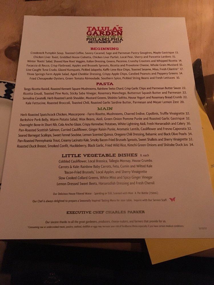Menu at Talula's Garden restaurant, Philadelphia