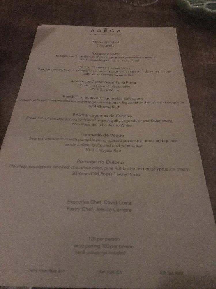 Menu at ADEGA restaurant, San Jose, 1614 Alum Rock Ave