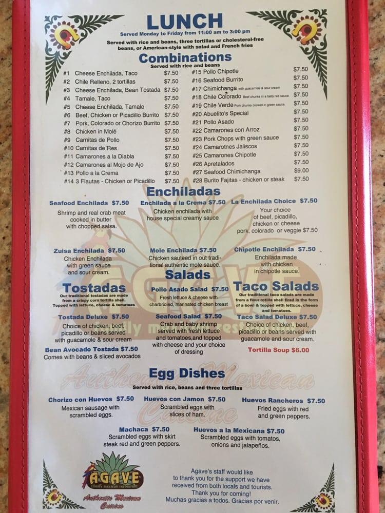 Menu at Agave restaurant, Driggs