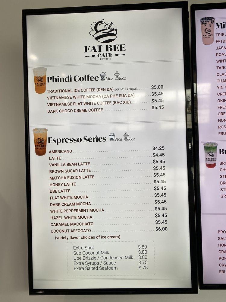 Menu at Fat Bee Drinks cafe, Overland Park, W 135th St