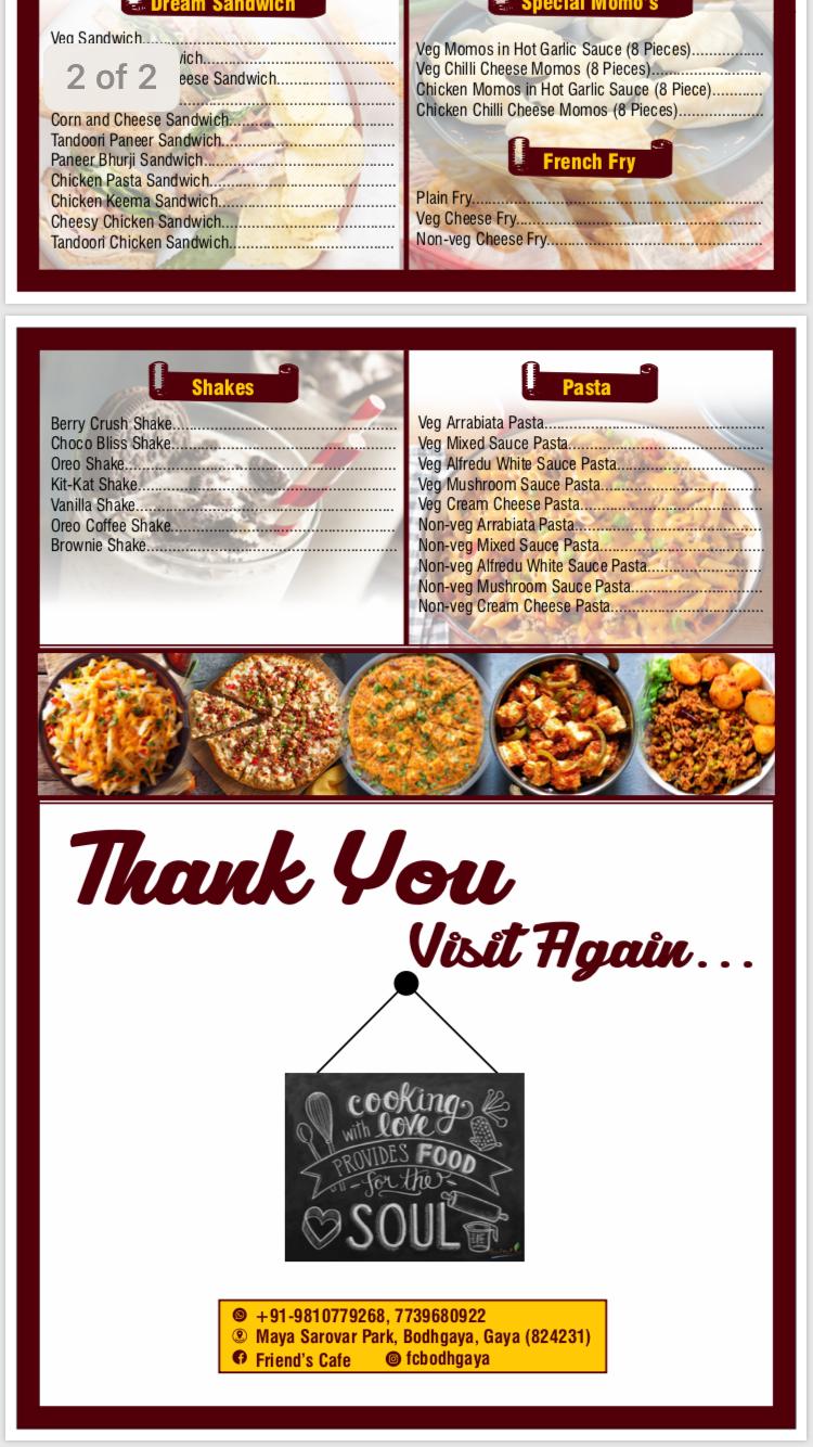 Menu at Friends Café, Bodhgaya
