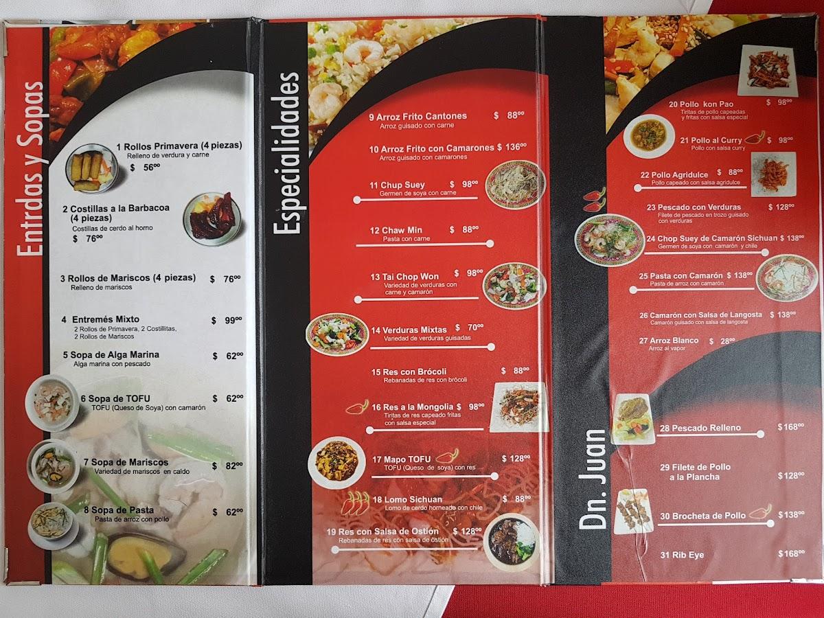 Menu at Juan y Wong restaurant, Aguascalientes