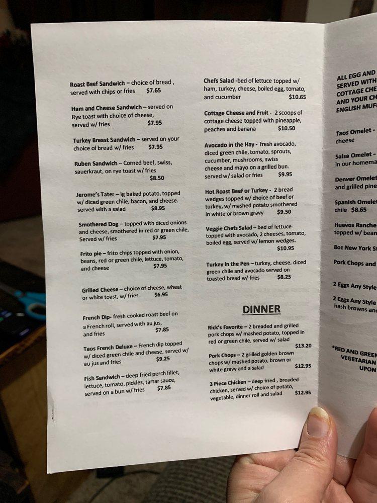 Menu at Ricky's restaurant, Taos