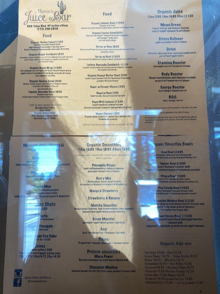 Menu at Thanias Juice Bar, Incline Village
