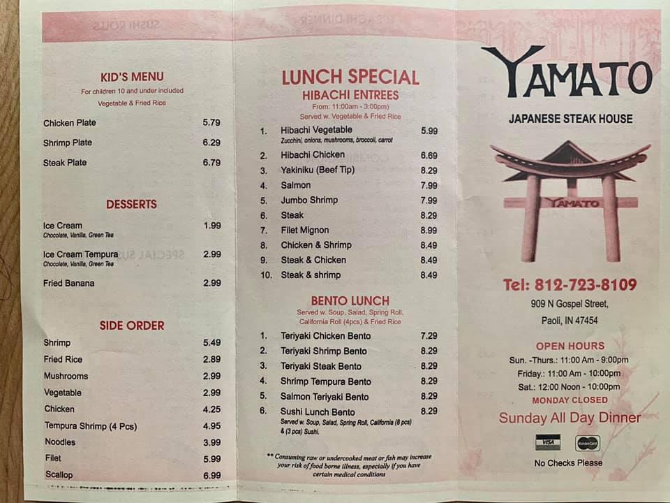 Menu at Yamato steakhouse, Paoli