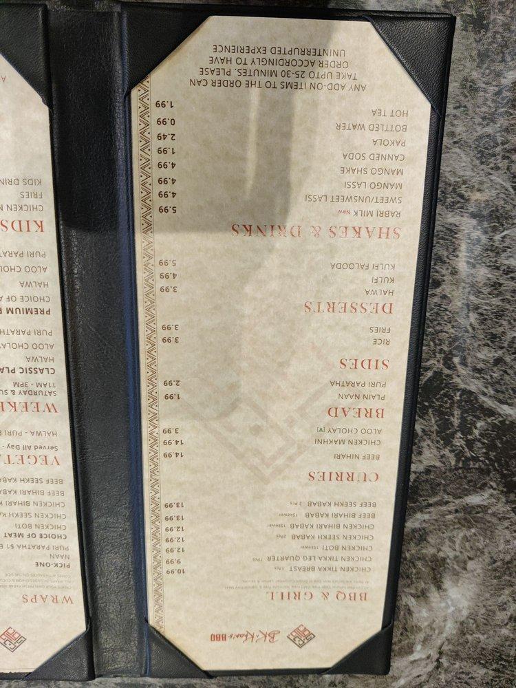 Menu at BK Khan BBQ, Farmers Branch